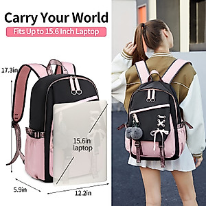 FENGDONG Teenage Girls Bookbag School Backpack Children Casual Daypack Schoolbag for Teens Black Pink