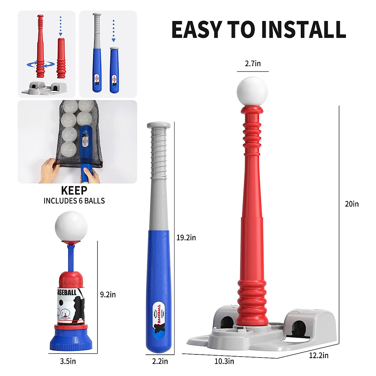 TEMI Baseball Tee, T Ball Set for Toddlers, Includes 6 Balls, Teeball Batting Tee,Pitching Machine, Outdoor Sport Toy Games for Boys & Girls, Kids Ages 3-12 Years