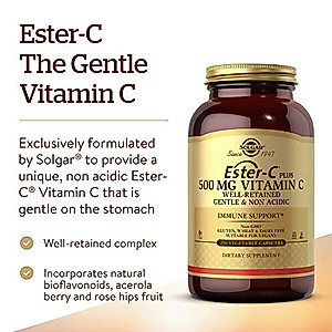 Solgar Ester-C Plus 500 mg Vitamin C (Ascorbate Complex), 250 Vegetable Capsules - Gentle & Non Acidic - Antioxidant & Immune Support - Non GMO, Vegan, Gluten Free, Kosher - 250 Servings