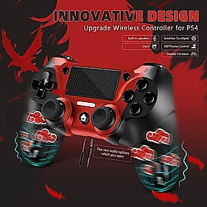 FTFVaska Wireless Controller for PS4 Compatible with PS4/Slim/Pro, Gamepad with Enhanced Dual Vibration/Analog Sticks/6-Axis Motion Sensor/Charging Cable/Thumb Caps! (Red Cloudy)