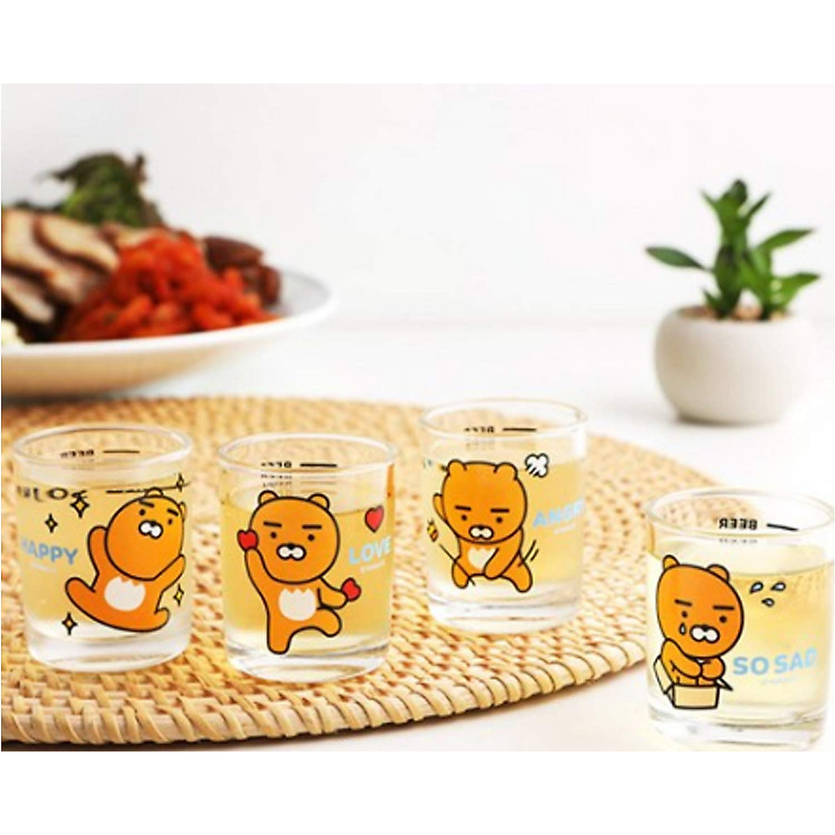 KAKAOFRIENDS Imotion Soju Clear Glasses For Alcohol Drinks Set of 4(soju glass 소주잔), Soju Shot Glasses Set Character Glass, For Party Dishwasher Safe Clarity Glassware