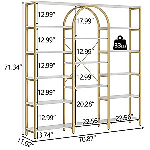 Gyfimoie Triple Wide Gold Bookshelf, 70.87" W x 71.34" H Large Modern Etagere Bookcase, Tall Display Shelf with 13-Tier Open Shelves, Freestanding Staggered Storage Shelf for Home Office (White/Gold)