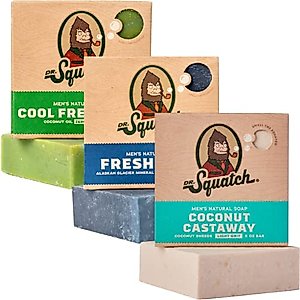 Dr. Squatch All Natural Bar Soap for Men, 3 Bar Variety Pack, NEW Coconut Castaway, Fresh Falls, and Cool Fresh Aloe - Natural Men's Bar Soap