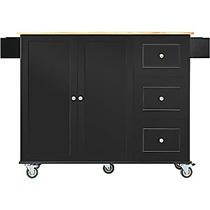 Rolling Kitchen Island with Drop Leaf Portable Kitchen Table Seating Cart 3 Drawers Lockable Wheels 1 Double Door Cabinet Slim Mobile Rubber Wood Counter Top Moveable Stand Alone 53" Movable Black