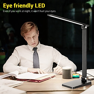 LED Desk Lamp for Home Office, 3 Levels Dimmable Desk Light with USB Charging Port, Small Study Lamp, Reading Light for Table, Black, 5000K