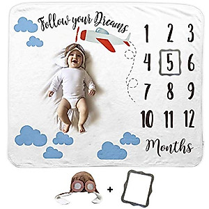 Baby Monthly Milestone Blanket | Includes Felt Frame and Baby Aviator Hat | 1 to 12 Months | Premium Extra Soft Fleece | Best Photography Backdrop Prop for Newborn Boy & Girl (Airplane Blanket)