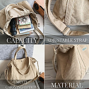 MadGrandeur Corduroy Tote Bag for Women Cute Tote Bags for School Crossbody Tote Bag Aesthetic Large Purse (Khaki)
