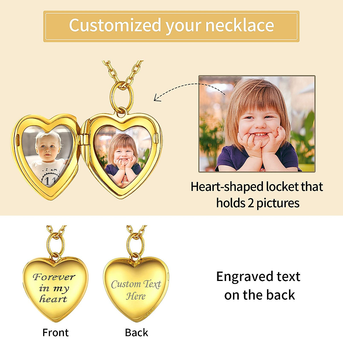ChicSilver Gold Plated Personalized Heart Shape Locket Necklace for Women, Custom Memory Photo Forever in My Heart Sterling Silver Locket Necklace That Holds Picture, 18 Inch
