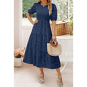 ZESICA Women's 2025 Summer Short Puff Sleeve Crewneck Smocked Floral Lace Flowy A Line Tiered Maxi Dresses,Navy,Large
