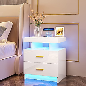 HNEBC Auto LED Nightstands Set of 2,Modern Bedside Table with 2 Ports & Wireless Charging Station,High Gloss Bedside Tables with 2 Drawers,Nightstands for Bedrooms/Living Room (White)