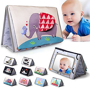 Baby Mirror Tummy Time with High Contrast Soft Baby Crinkle Book, Infant Montessori Sensory Toys for Toddler 0-3-6-12 Months, Tummy Time Floor Mirror for Newborn Brain Development, as Girl Boy Gifts
