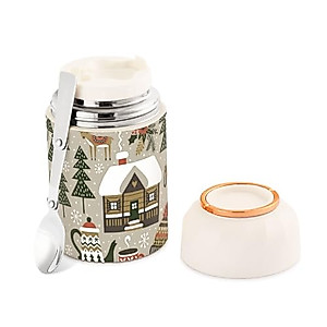 JUNZAN Cute Xmas Winter Fox Bird Kids Womens Insulated Food Jar Container with Spoon 17oz/500ml Food Containers For Hot Food Stainless Steel Vacuum Food Warmer Insulated Containers for Hot/Cold Food