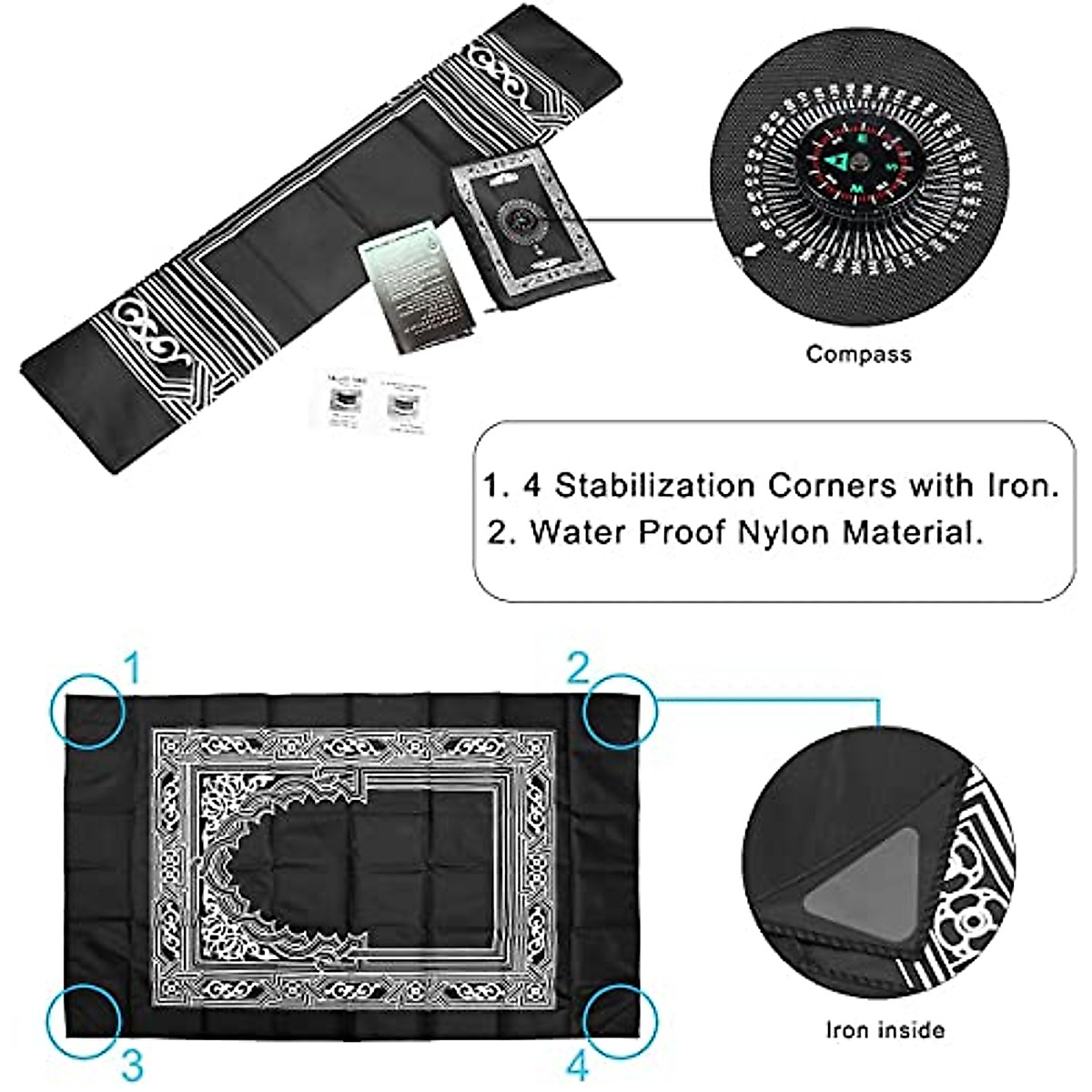 Hitopin Travel Prayer Mat, 60cm*100cm Praying Rug, Portable Polyester Prayer Rug with Compass, Islamic Waterproof Prayer Mat, Musilm Prayer Mat, for Ramadan Gifts, Islamic Prayer (Black)