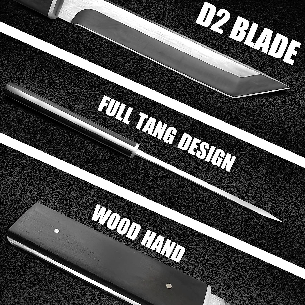 MADSABRE Handmade Custom Classic Japan Samurai Tanto Fixed Blade Katana 268 Floors Damascus VG10 Steel Outdoor Tactical,Combat,Hunting,Survival Knives +Wooden Sheath (Silver -D2 Steel)