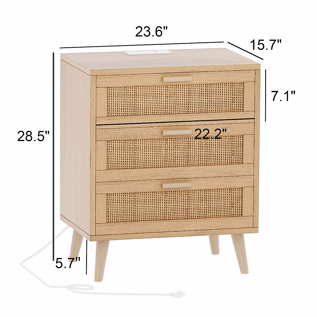 Rovaurx Rattan Nightstand with Charging Station, Night Stand with 3 Drawers, 23.6" W Bedside End Table for Bedroom, Side Table with Solid Wood Legs, Boho Style, Natural RCTG110ME