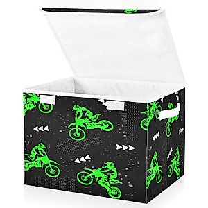 Krafig Green Motocross Foldable Storage Box Large Cube Organizer Bins Containers Baskets with Lids Handles for Closet Organization, Shelves, Clothes, Toys