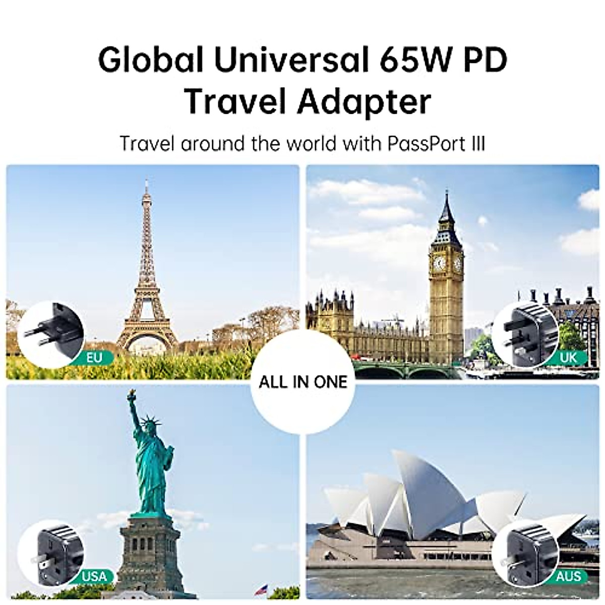 Zendure Universal Travel Adapter 65W PD Fast Charger 4 USB-C,1 USB-A, International Wall Charger AC Plug Adaptor All in One Worldwide Power Charger Compatible with Laptops iPad iPhone AirPods