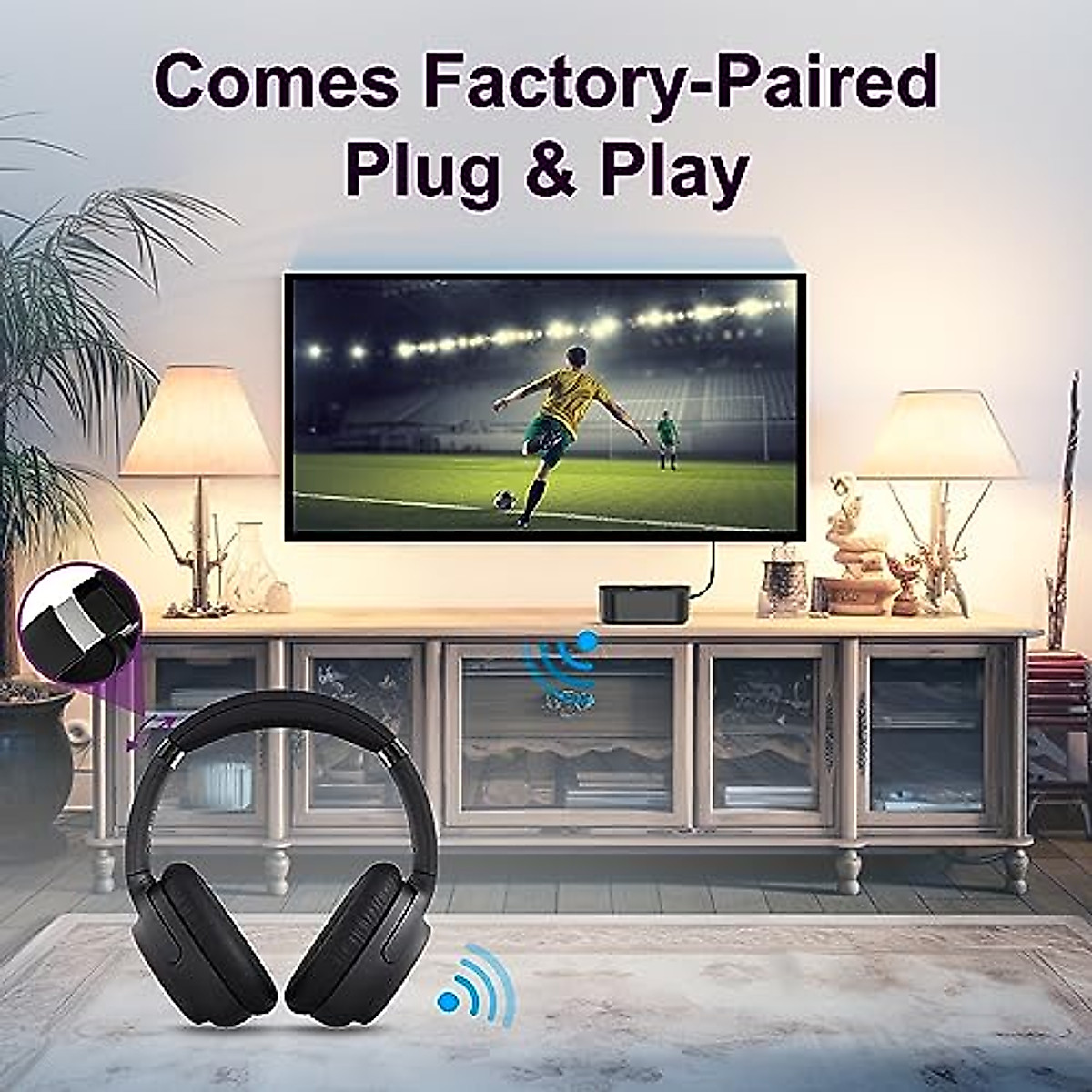 Soundodo Wireless headphones for tv watching with Bluetooth 5.2 Transmitter Charging Dock,Optical,Coaxial,AUX,RCA,Plug n Play,50Hr Playtime,No Delay,headphones for hard of hearing,165ft Long Range