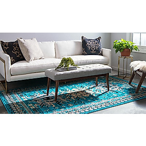 Unique Loom Taftan Collection Border Geometric Tribal Inspired Design Area Rug, 4 ft x 6 ft, Turquoise/Gray