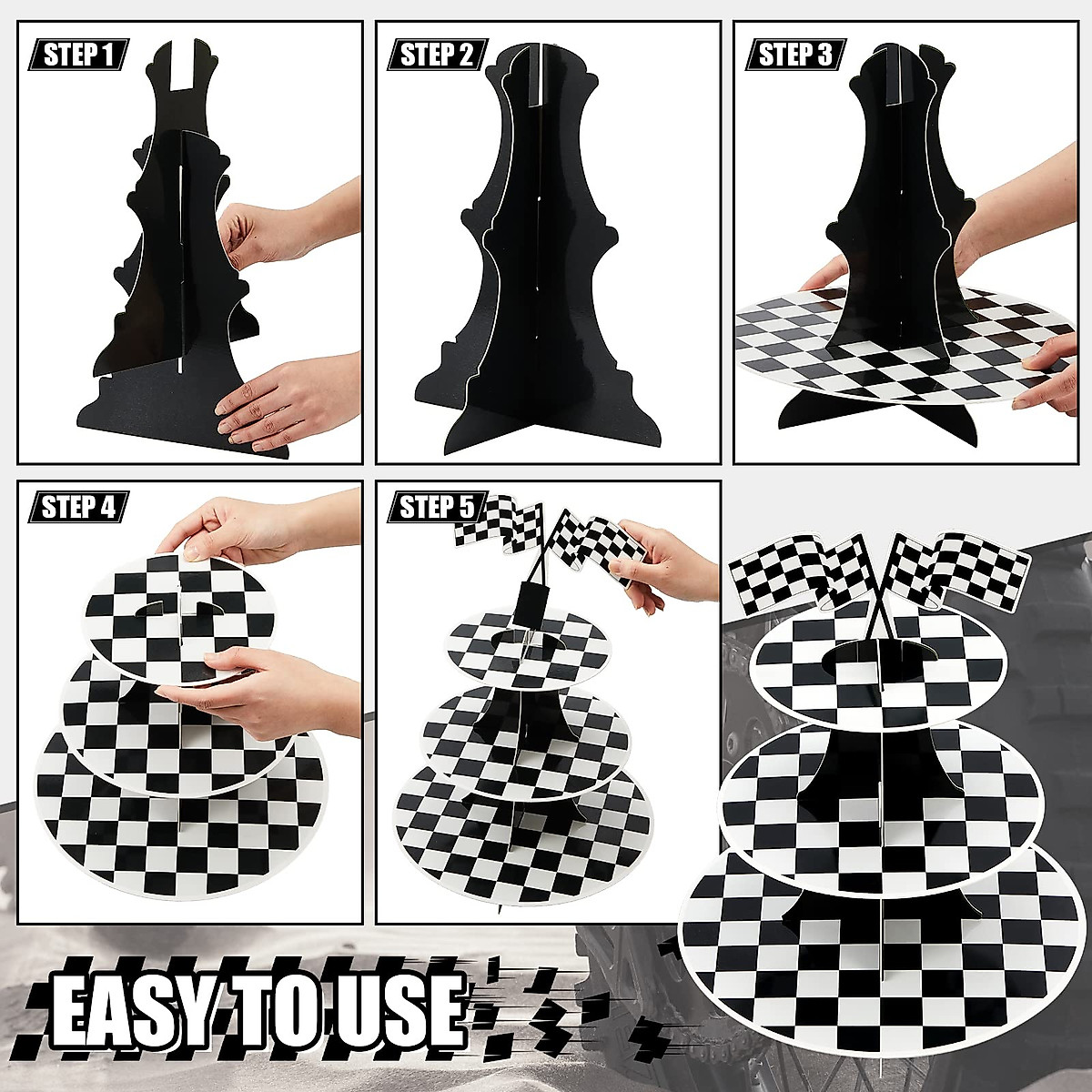 3 Sets Race Car Party Decorations 3 Tier Round Cardboard Cupcake Stand for Racing Cars Birthday Party Supplies 100 Checkered Baking Cups Liners 100 Race Car Flag Black and White Fast Party Decorations