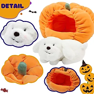 Hopearl Halloween Puppy Pumpkin Cave Sufffed Animal 2 in 1 Playset Pet with Pumpkin House Plush Toy Pillow with Separable Dog Gift for Kids, 9.5''