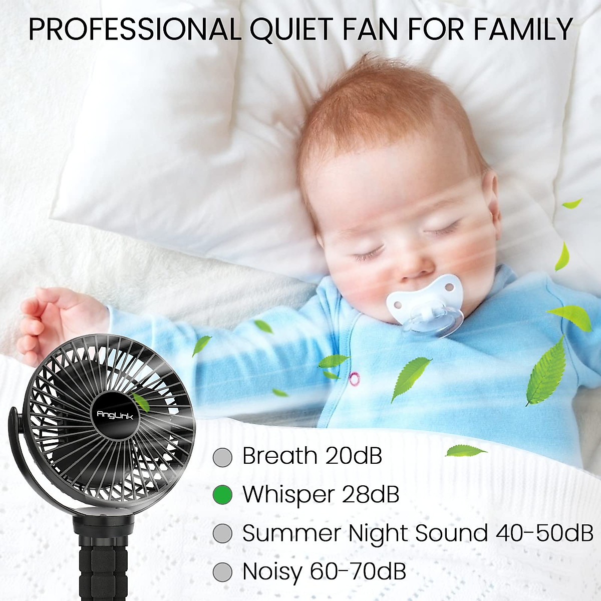 AngLink Baby Stroller Fan - 5000mAh Battery Operated USB Rechargeable Portable Fans with Flexible Tripod for Car Seat, Bed, Travel, Office, Bedroom, Bike, Kids | Black