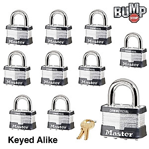 Master Lock Padlock - 2" W Body x 1" L Shackle, Ten (10) Keyed Alike Locks 5 NKA-10 w/Bump Stop Technology