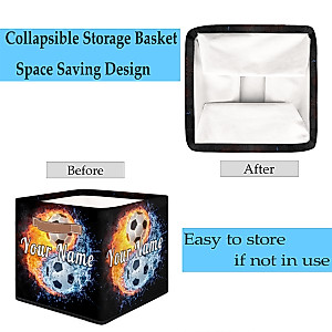 Personalized Storage Cube Bin with Name,Ice Fire Football Soccer Customize Storage Baskets with Handles,Laundry Toy Oraganizer for Closet Shelf Nursery Kids Bedroom