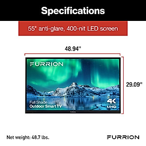 Furrion Aurora 55-Inch Full-Shade 4K LED Outdoor Smart TV - Weatherproof Outdoor Television w/ HDR10, Anti-Glare, 400-Nit LED Screen, Impact-Resistant Screen, External Antenna for Shaded Outdoor Areas