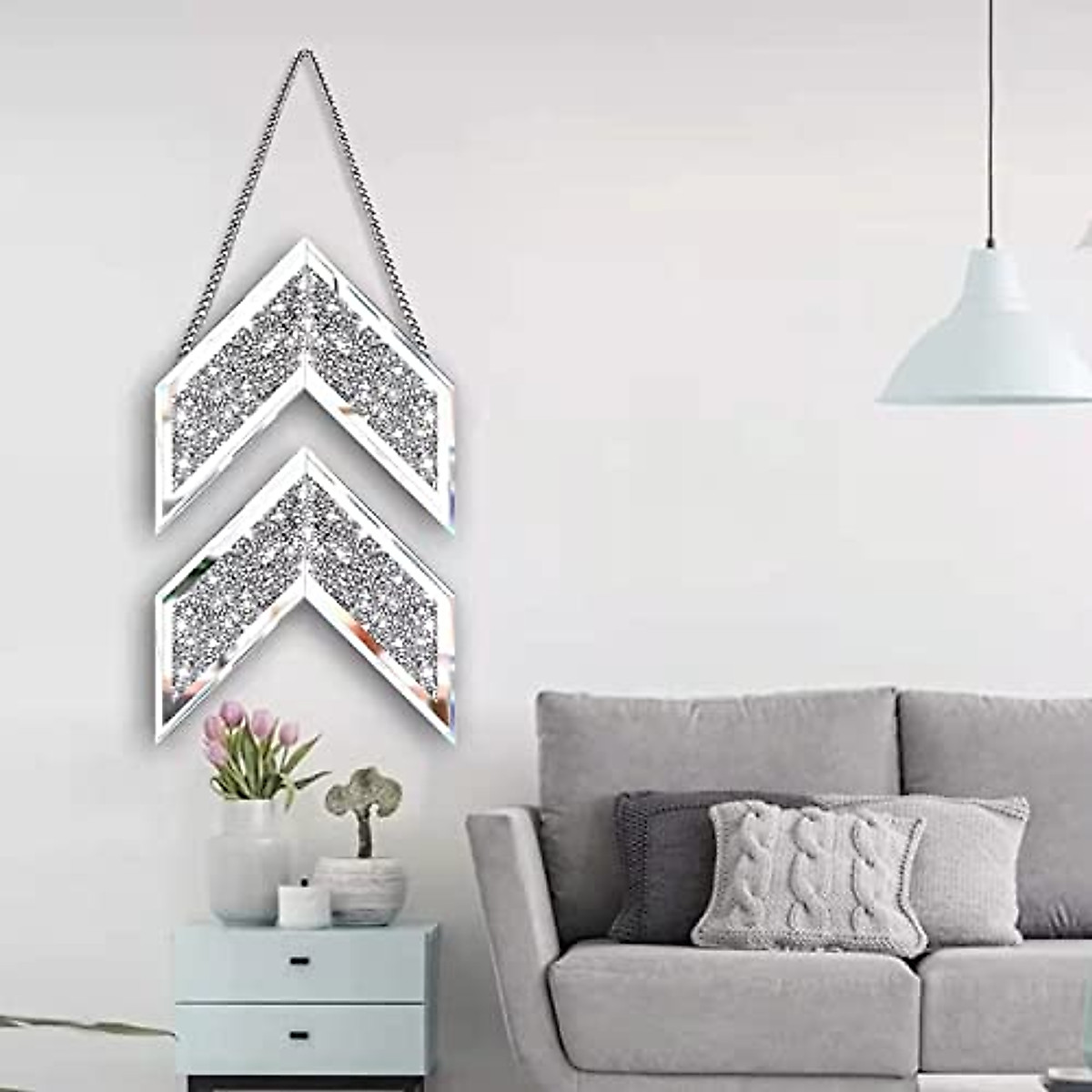 XIHACTY 2 Piece Mirrored Chevron Arrows, Crystal Crushed Diamond Arrow Wall Décor, Silver Arrow Sign for Gallery Wall for Dining Room, Living Room(12inch x 12inch)