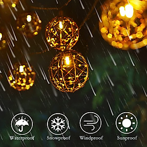 Solar Rattan Ball String Lights Outdoor Waterproof 8.5ft Led Decorative Light with Beaded Copper, Rattan Ball Outside Lighting for Christmas, Patio,Party, Backyard, Porch, Garden, Balcony, Warm White