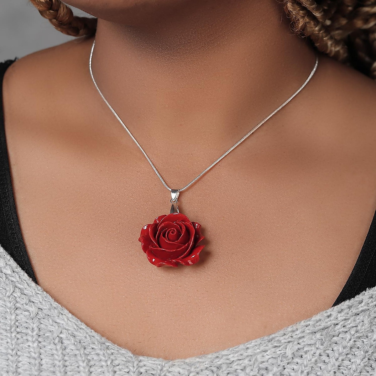 Gem Stone King 35MM Red Simulated Coral Carved Rose Flower Pendant with 16 Inch + 2 Inch Extender Chain