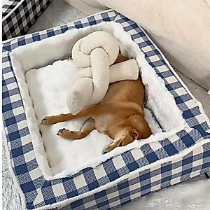 Tartan Cozy Dog Anti-Anxiety Calming Bed, Removable Dog Bed, Christmas Classic Tartan Pet Bed, Funny Fuzzy Dog Bed, Suitable for All Seasons, Made of Pure Cotton (Red, 25.59 * 19.69 * 6.3 in)