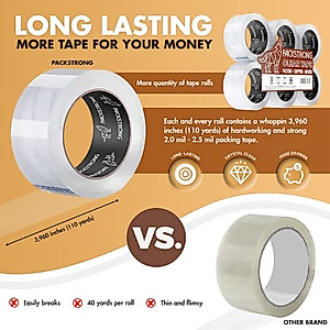 Packstrong Industrial Grade Clear Packing Tape (6 Rolls) - 110 Yards per Roll - 3" Wide x 2.0 mil Thick, Acrylic Adhesive Heavy Duty Tape for Box Office Moving Packaging Shipping