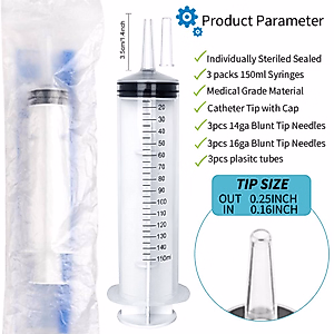 Large Syringes with Tube for Liquid 3 Pack 150ml Plastic Big Syringe with Blunt Needle and Tip Cap, Individual Sterile Sealed