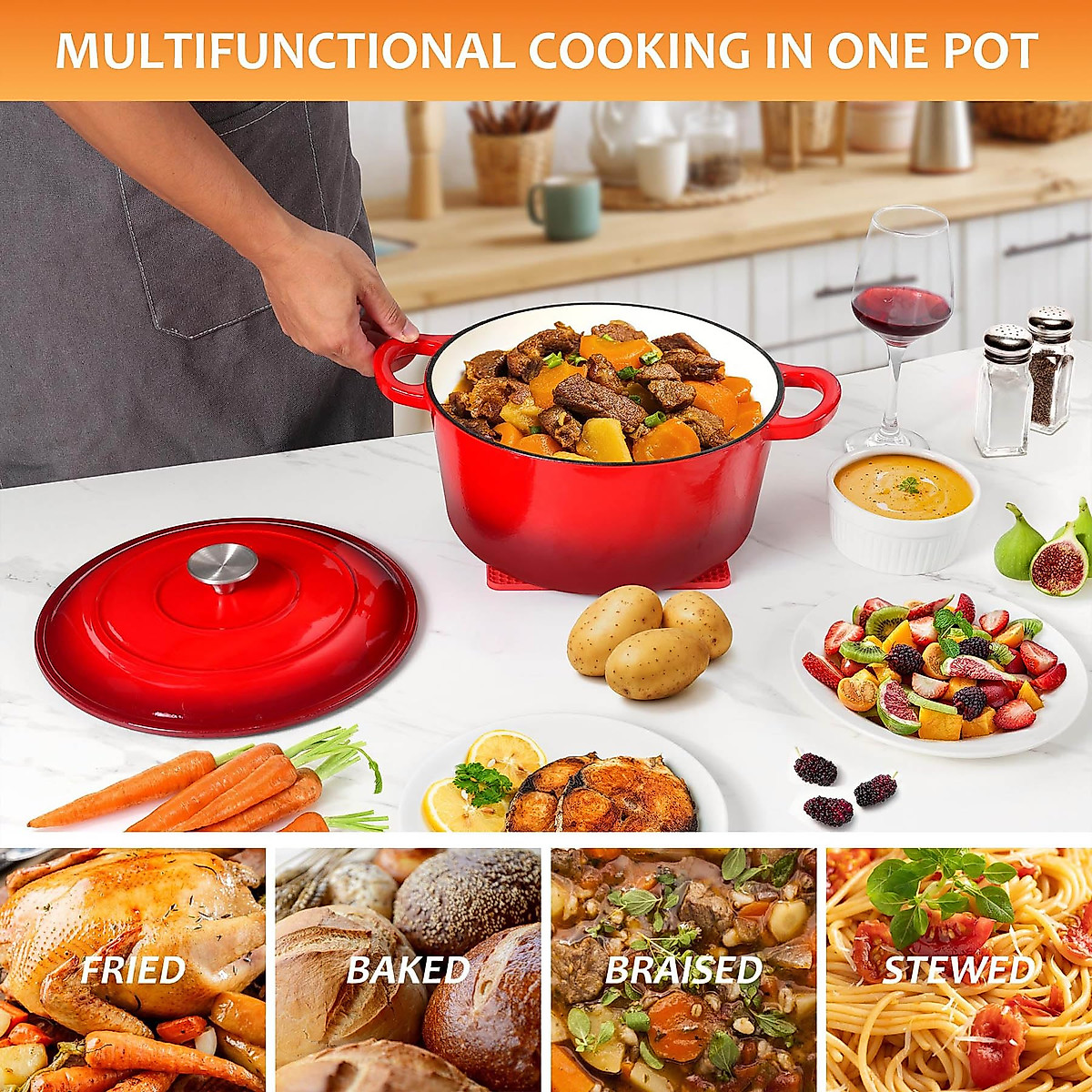 LIANYU Enameled Cast Iron Dutch Oven with Lid and Silicone Trivet Mat, 6 QT Nonstick Dutch Oven Cooking Pot for Sourdough Bread Baking, Round Dutch Oven for Roasting, Stewing, Braising, Dual Handle &