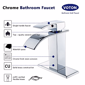 VOTON Chrome Bathroom Faucet Waterfall Single Handle Single Hole Bathroom Sink Washbasin Faucet with Pop-up Drain