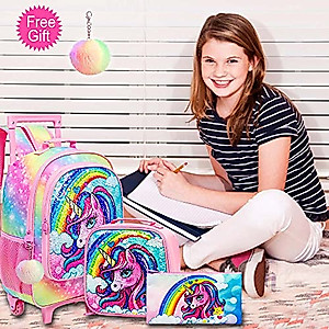 FTJCF 3PCS Rolling Backpack for Girls, Kids Unicorn Roller Bookbag with Wheels, Wheeled School Bag Set for Elementary -Rainbow
