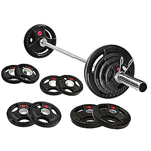 Signature Fitness Cast Iron Olympic 2-Inch Weight Plates Including 7FT Olympic Barbell, 130-Pound Set (85 Pounds Plates + 45 Pounds Barbell), Multiple Packages, Rubber Coated Style
