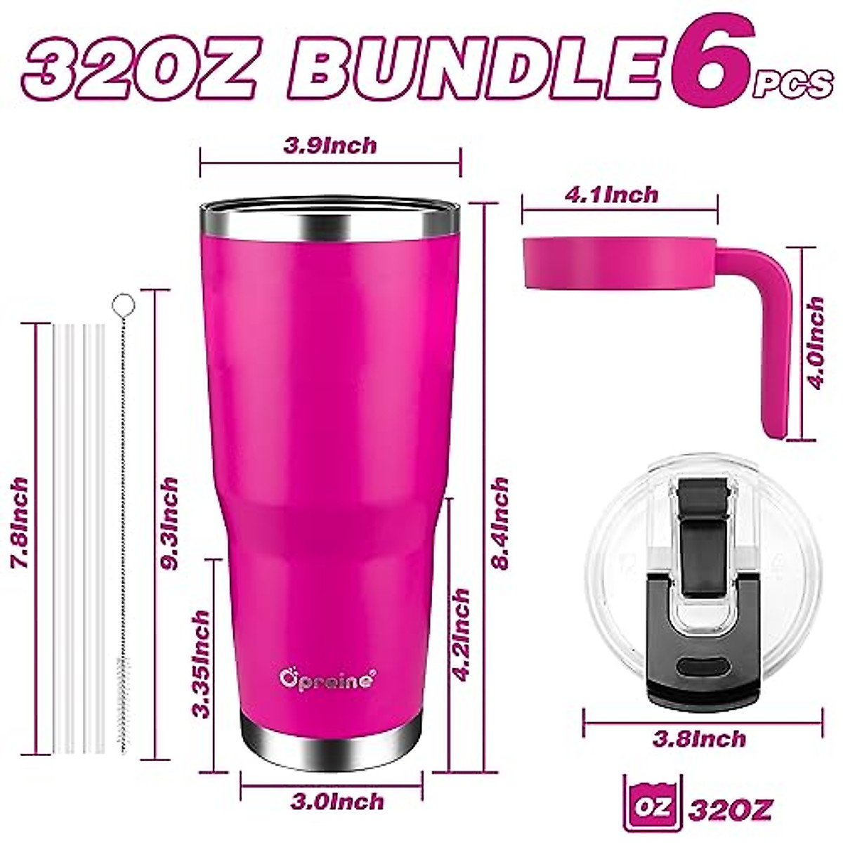 Opreine 32oz Insulated Tumbler with Straw and Handle, Double Wall Vacuum Stainless Steel Tumbler Coffee Mug Cup, Fit for Car Holder, Sweat Proof, Leak Proof, Dishwasher Safe, Hot Pink