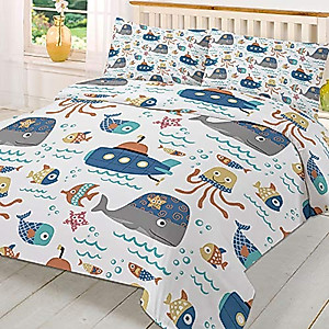 Duvet Cover, Washed Microfiber Comforters Twin Size, Ocean Adventure Submarine Cute Animals Duvet Cover and 2 Pillow Shams, Room Decor Aesthetic 3 Piece Bedding Sets Twin for Kids Teens Adults