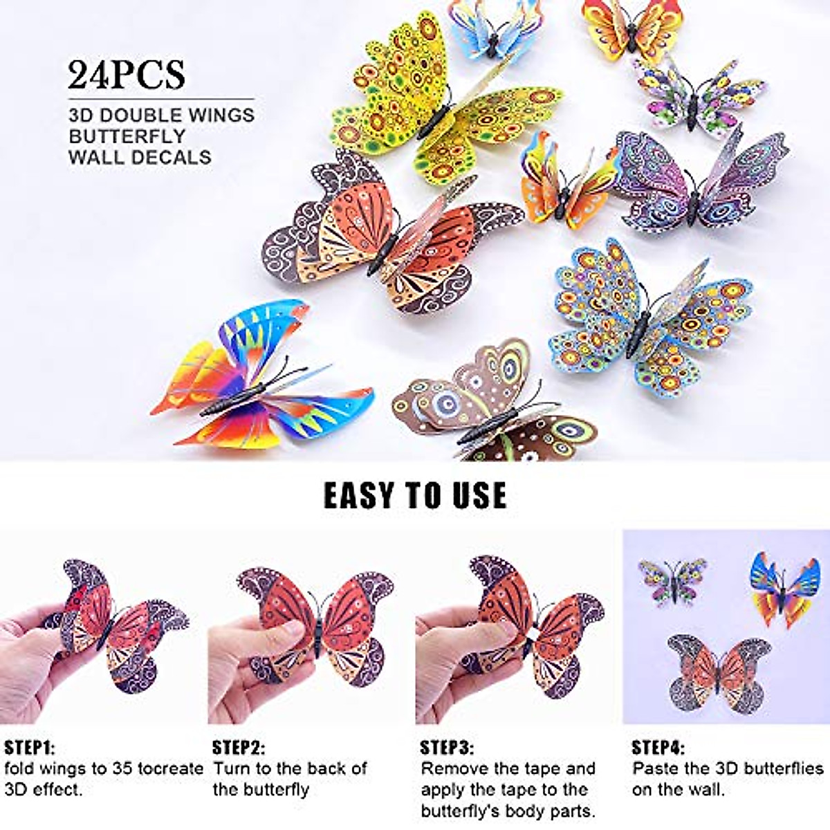 eoorau 24pcs Butterfly Wall Decals - 3D Butterflies Removable Mural Wall Stickers for Kids Home Room Bedroom Decoration