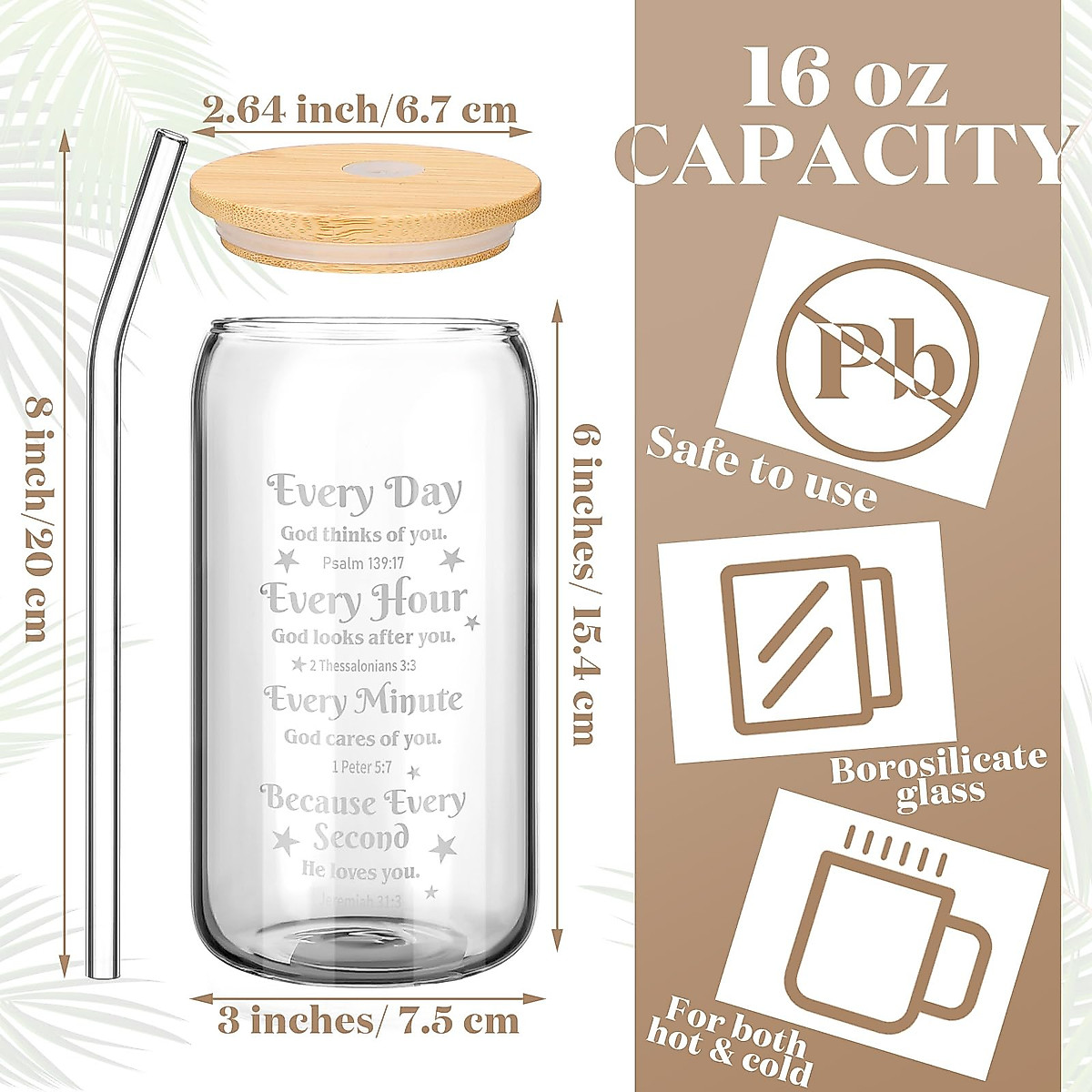 Karenhi Christmas Glass Cups Christian Tumbler Cup Glass Water Bottles Coffee Mugs Gifts for Women 16 oz Glass Bible Spiritual Glass Cups with Bamboo Lids and Glass Straw for Women(Star)