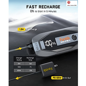 Fanttik T8 APEX 2000 Amp Jump Starter, 20000mAh Car Battery Pack for Up to 8.5L Gasoline and 6L Diesel Engines with LED Display, 65W PD Fast Charger,12V Extreme Safe Lithium Portable Jump Starter