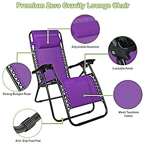 Geniqua Purple Zero Gravity Folding Recliner Yard Beach Lounger Patio Lounge Chaise 2PC Reclining Seat Outdoor Furniture