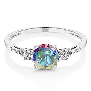 Gem Stone King 10K White Gold 6MM Round Gemstone Birthstone White Created Sapphire & White Diamond Accent 3-Stone Engagement Ring | Three-Stone Wedding Anniversary Promise Ring For Women