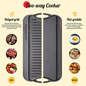 Overmont Pre-seasoned 17x9.8" Cast Iron Reversible Griddle Grill Pan with handles for Gas Stovetop Open Fire Oven, One tray, Scrapers Included