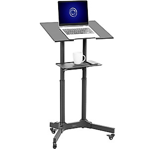 VIVO Steel Mobile 24 inch Height Adjustable Multi-Purpose Rolling Podium, Lectern, and Laptop Workstation Desk with Storage Tray, Black, CART-V03E