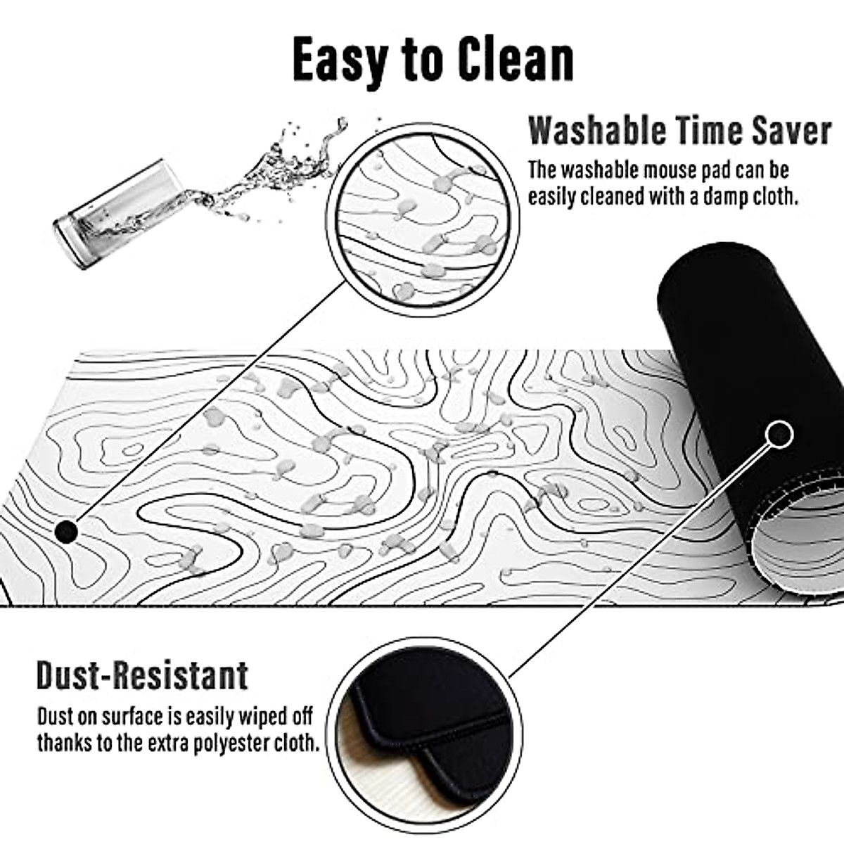 Ovenbird Large Gaming Mouse Pad with Stitched Edges, Minimalist Topographic Map Desk Mat, Extended XL Mousepad with Anti-Slip Base, Cool Desk Pad for Keyboard and Mouse, 31.5 x 11.8 in, White