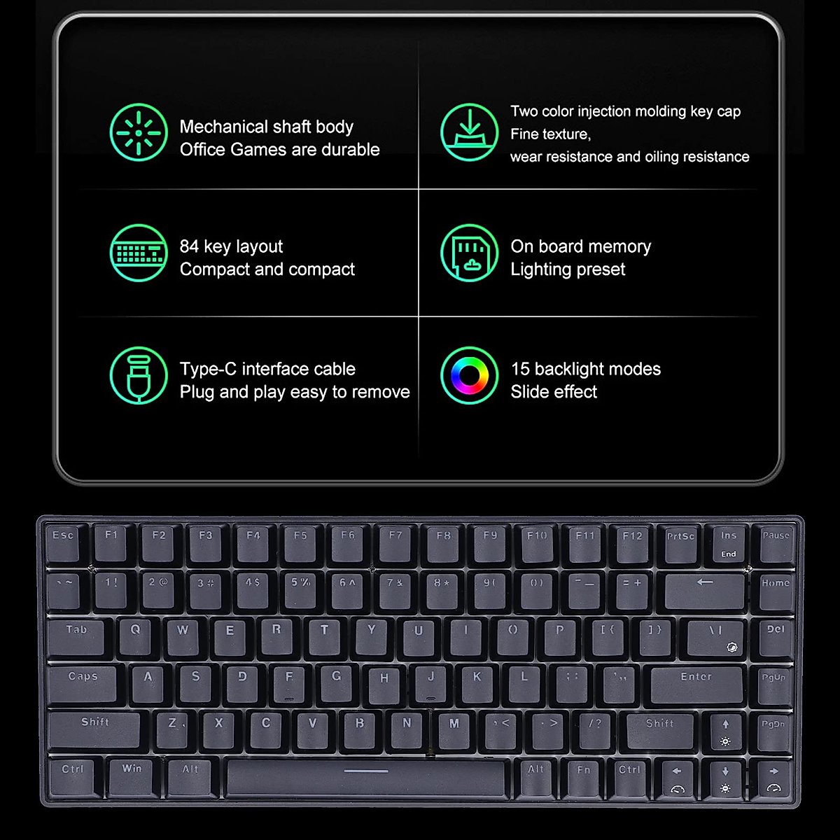 ASHATA TypeC Wired Gaming Keyboard, Portable 84 Keys Type‑C Backlight Gaming/Office Keyboard for PC/Laptop, Blue Switch (Black Blue axis Mixed Light)